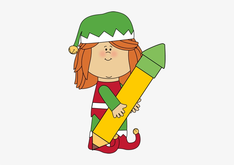 Christmas Elf Holding A Big Pencil Clip Art - Teacher Christmas Clip ...