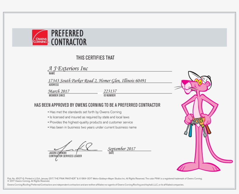 Owens Corning Preferred Contractor - Owens Corning Transparent PNG ...