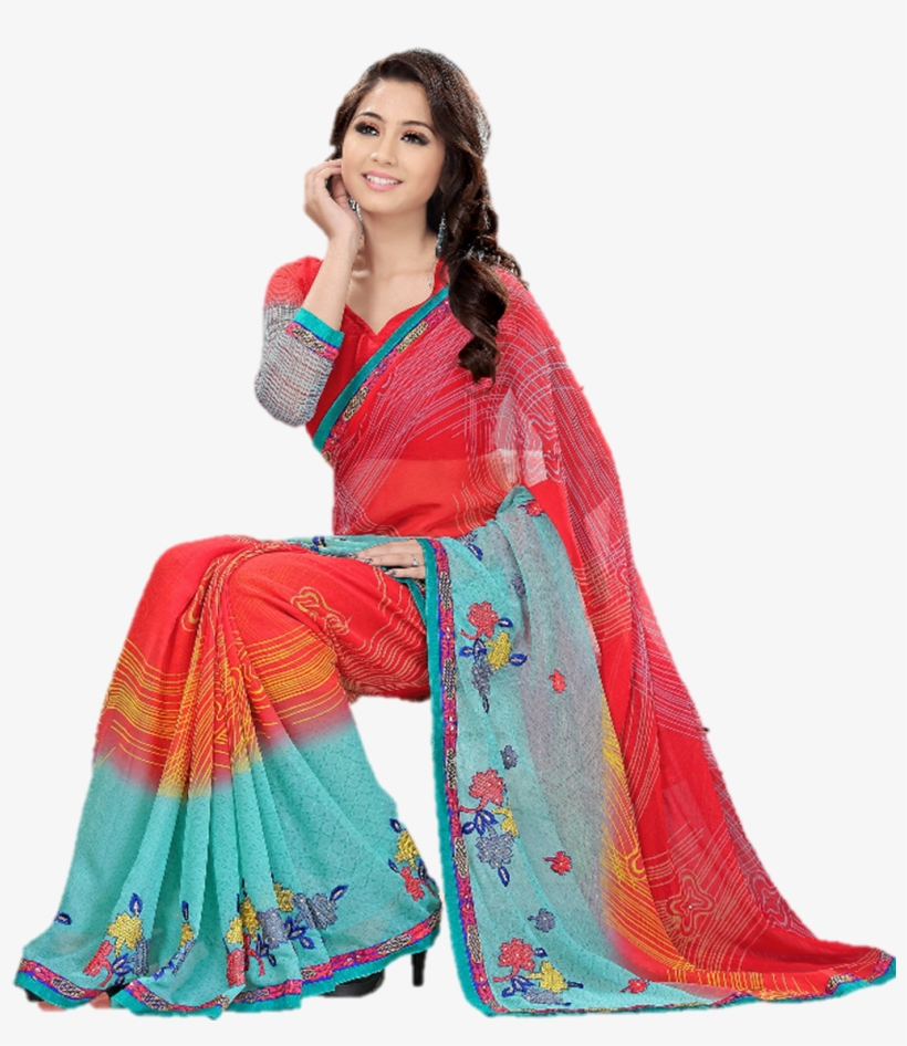 Sharda Sarees Blue And Red Designer Embroidered Saree - Saree Model Png ...