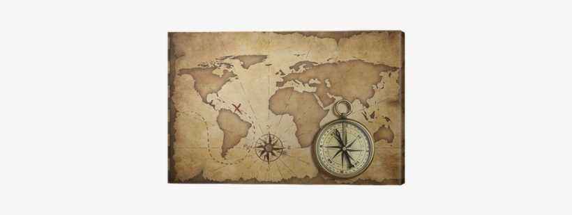Aged Brass Antique Nautical Compass And Old Map With - Vintage World ...
