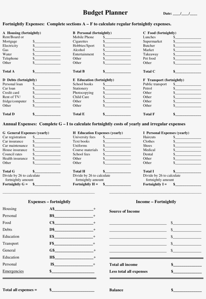 Printable Fortnight Budget Planner Main Image - Planning Transparent ...