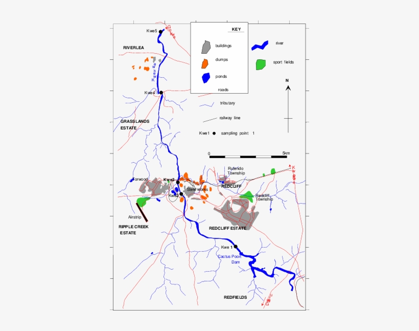 Study Area Map Showing Sampling Sites Along Kwekwe - Kwe Kwe River ...