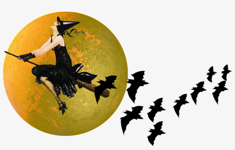 Vintage Witch Flying Past The Moon On Broomstick - Moon Witch ...