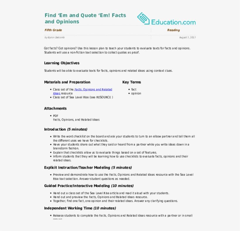 Find 'em And Quote 'em Facts And Opinions - Lesson Plan About Parts Of ...
