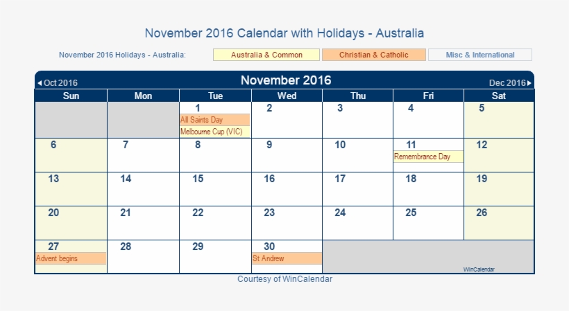November 2016 Calendar With Australia Holidays - Australian Holiday ...
