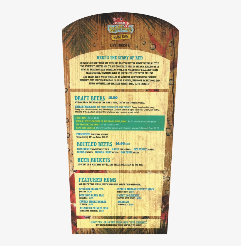 Waterproof Paper Menu - Red Frog Pub Carnival Drink Menu Transparent ...