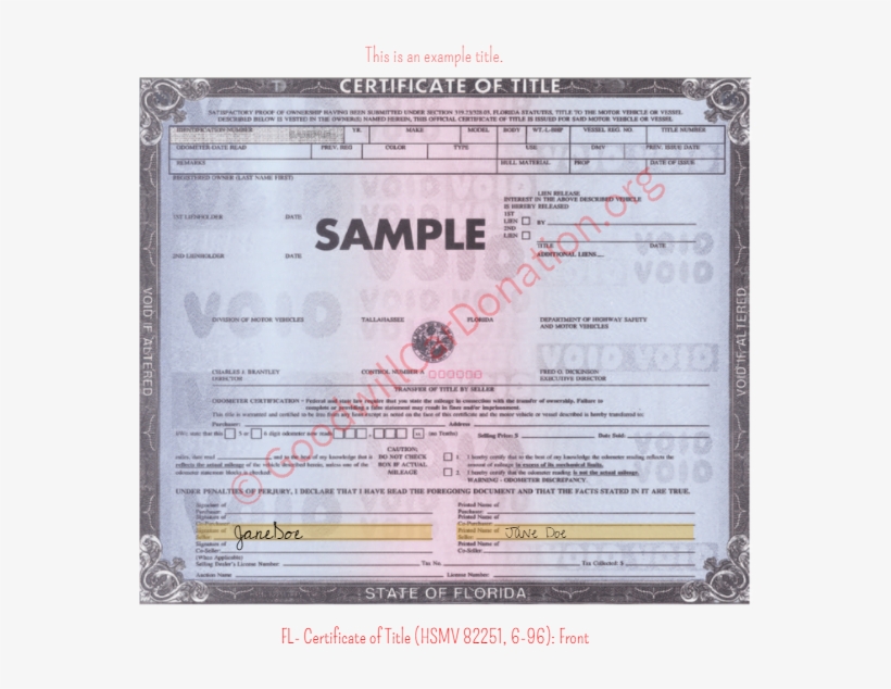 Fl Certificate Of Title Hsmv 82251 6 96 Front Transparent PNG - 640x640 ...