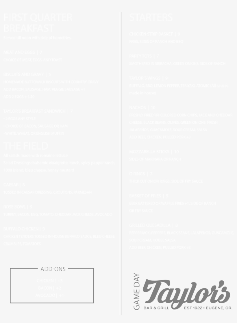 Taylor's Gd Menu 082917 White-1 Transparent PNG - 1000x1292 - Free ...