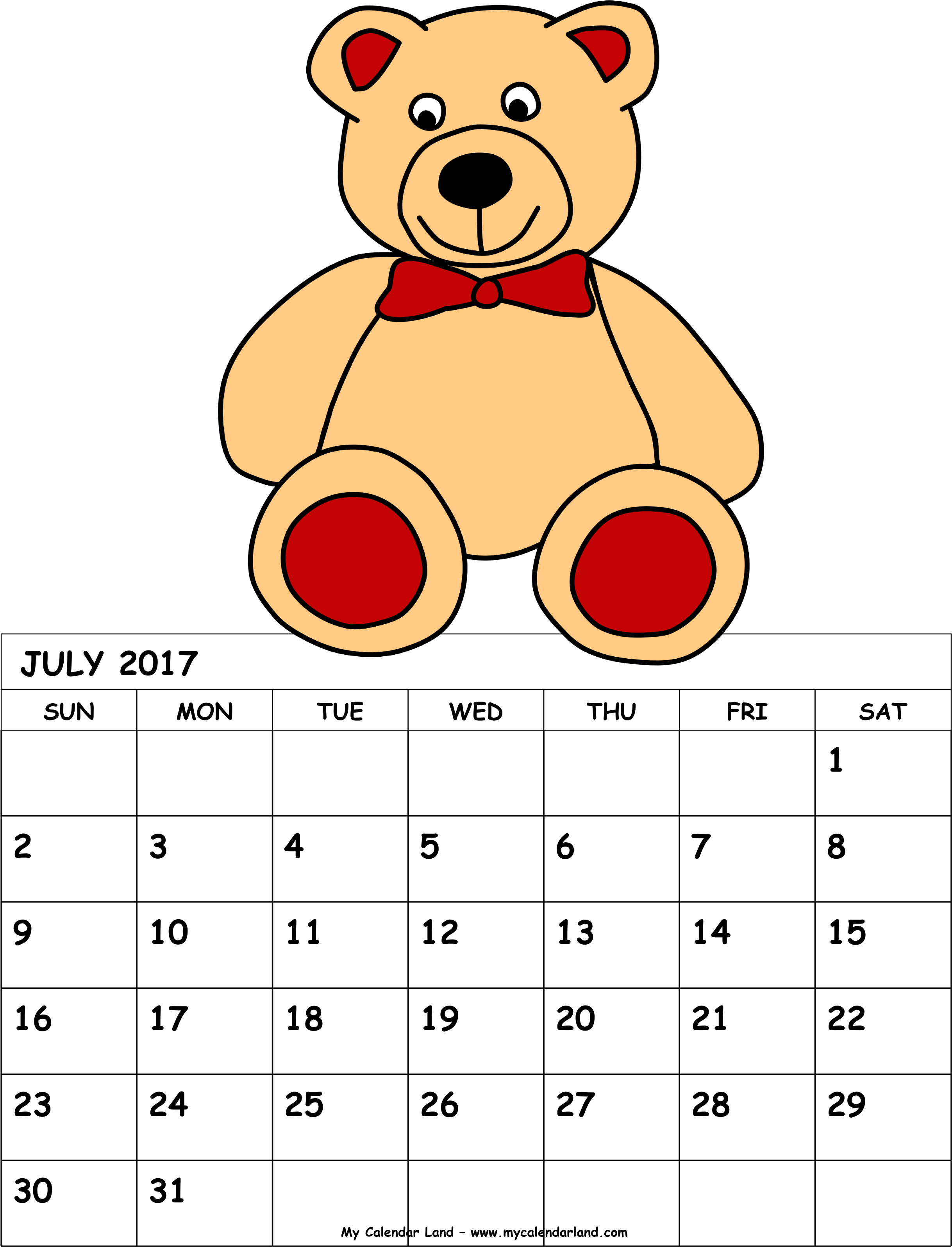 Download HD Calendar Clipart Children's - Cartoon July 2017 Calendar ...