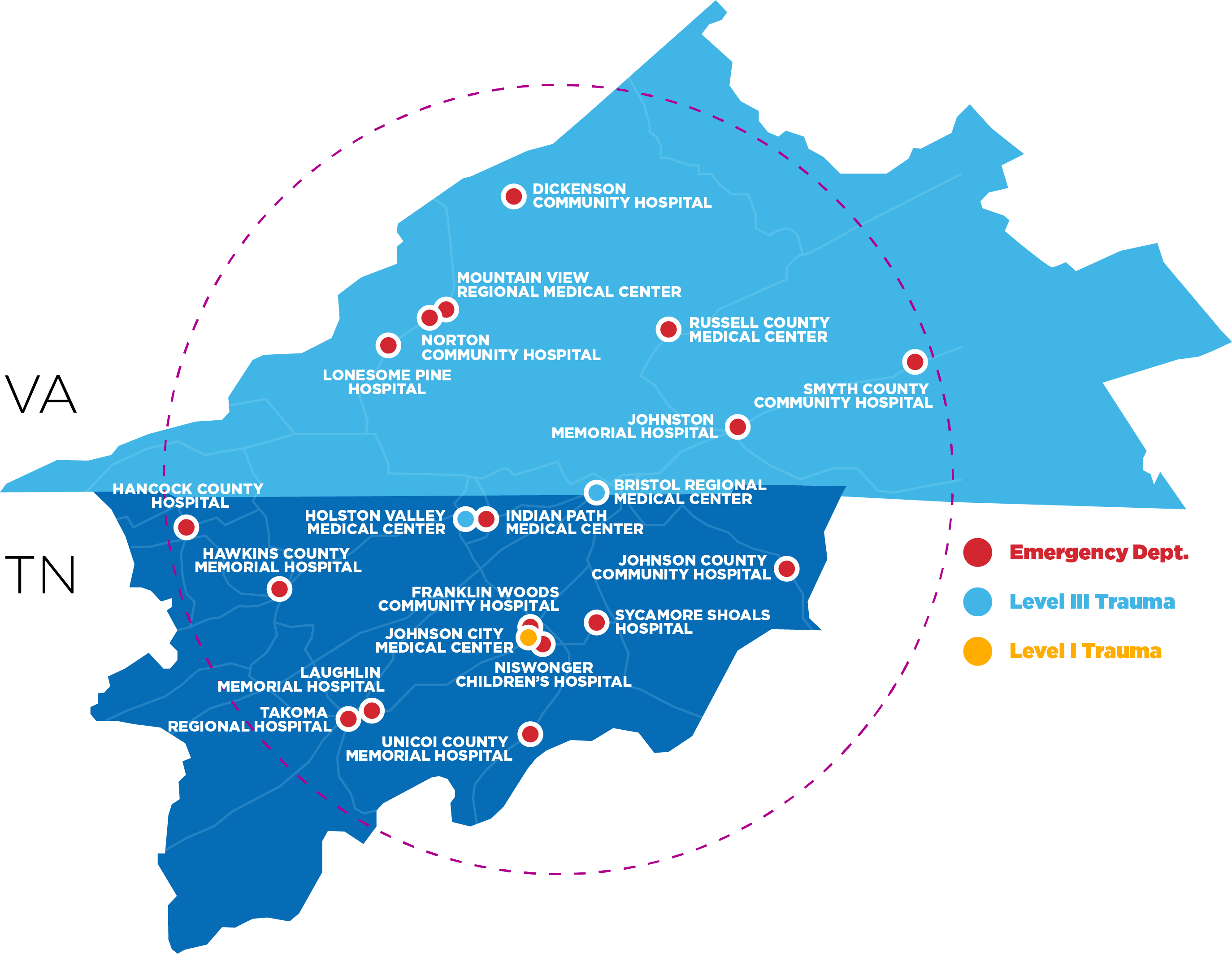 Download Regional Map Showing Level I Trauma Center In Johnson - Trauma ...